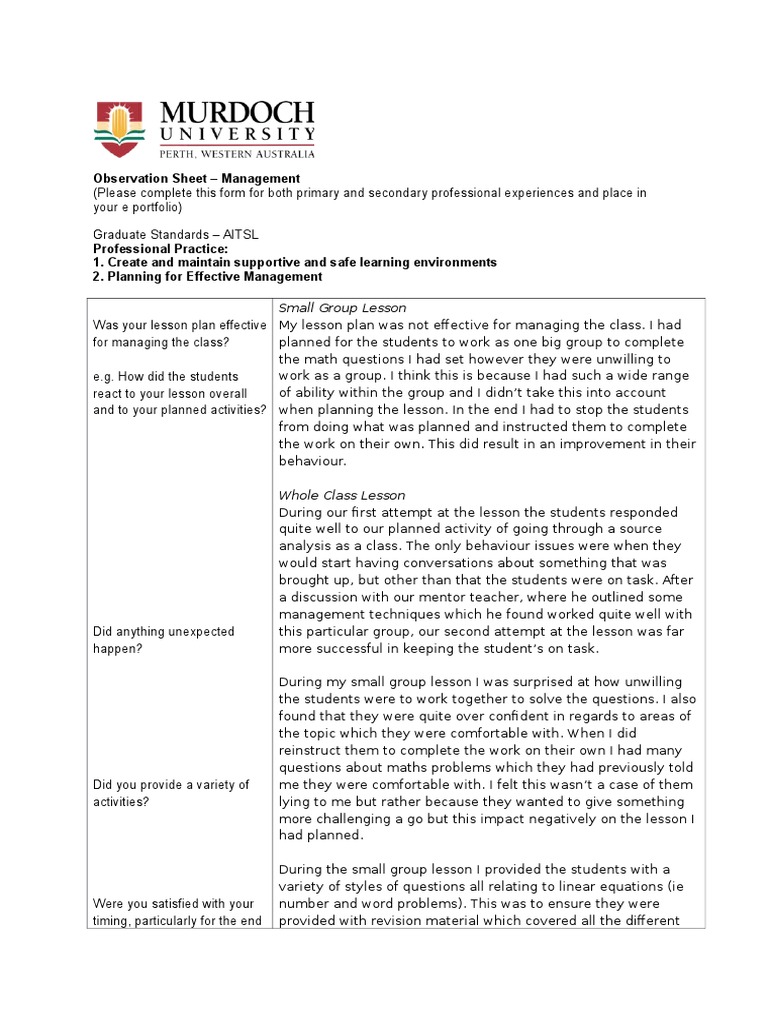 Observation Sheet - Management | PDF | Nonverbal Communication | Teachers