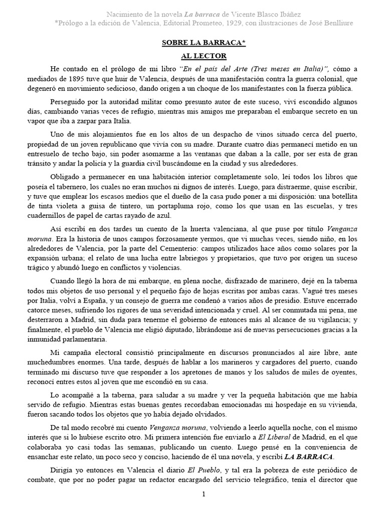 Nacimiento de La Novela La Barraca de Vicente Blasco Ibáñez - Es | PDF | Novelas | Traducciones