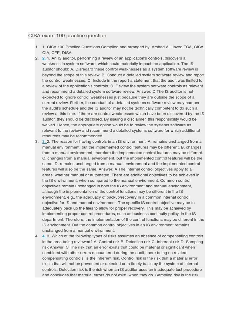 CISA Exam 100 Practice Question | PDF | Business Continuity | Computer ...