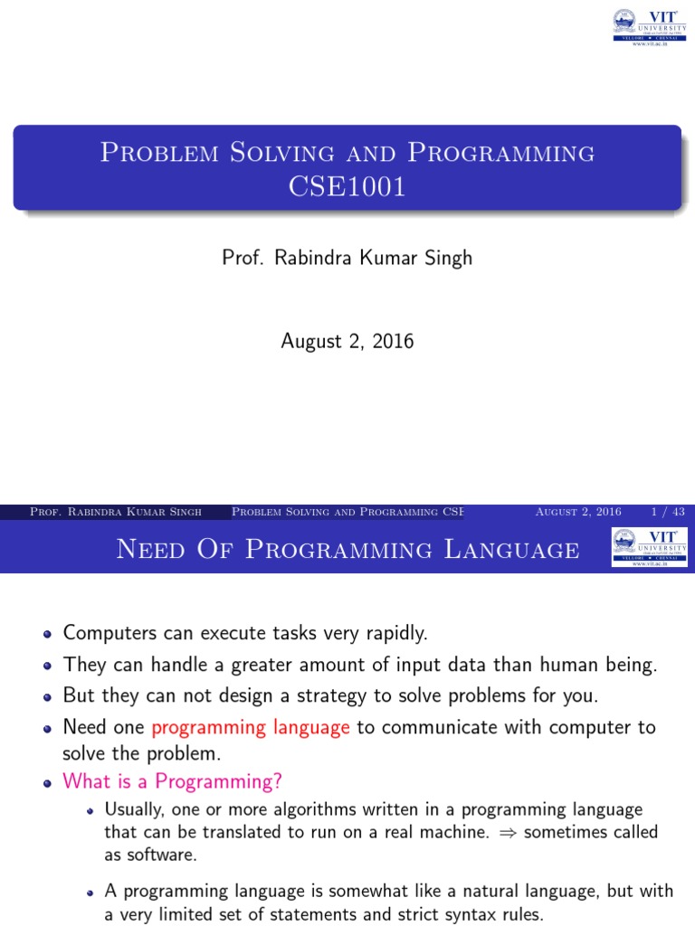 Problem Solving and Programming CSE1001: Prof. Rabindra Kumar Singh ...