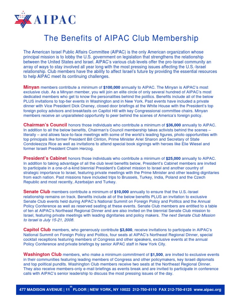 AIPAC Club Benefits | PDF | American Israel Public Affairs Committee ...