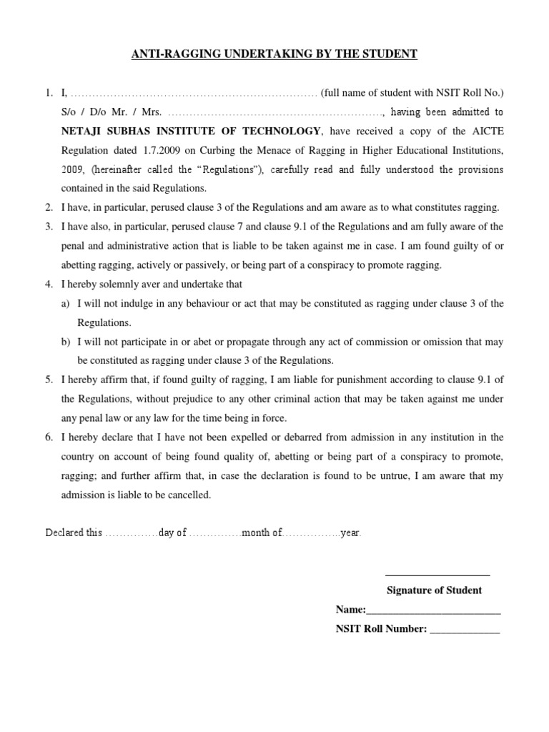 Anti Ragging NSIT Undertaking.pdf | Criminal Justice | Crime & Justice