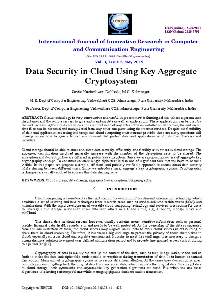 Data Security in Cloud Using Key Aggregate Cryptosystem: I J I R C C E | PDF | Key (Cryptography ...
