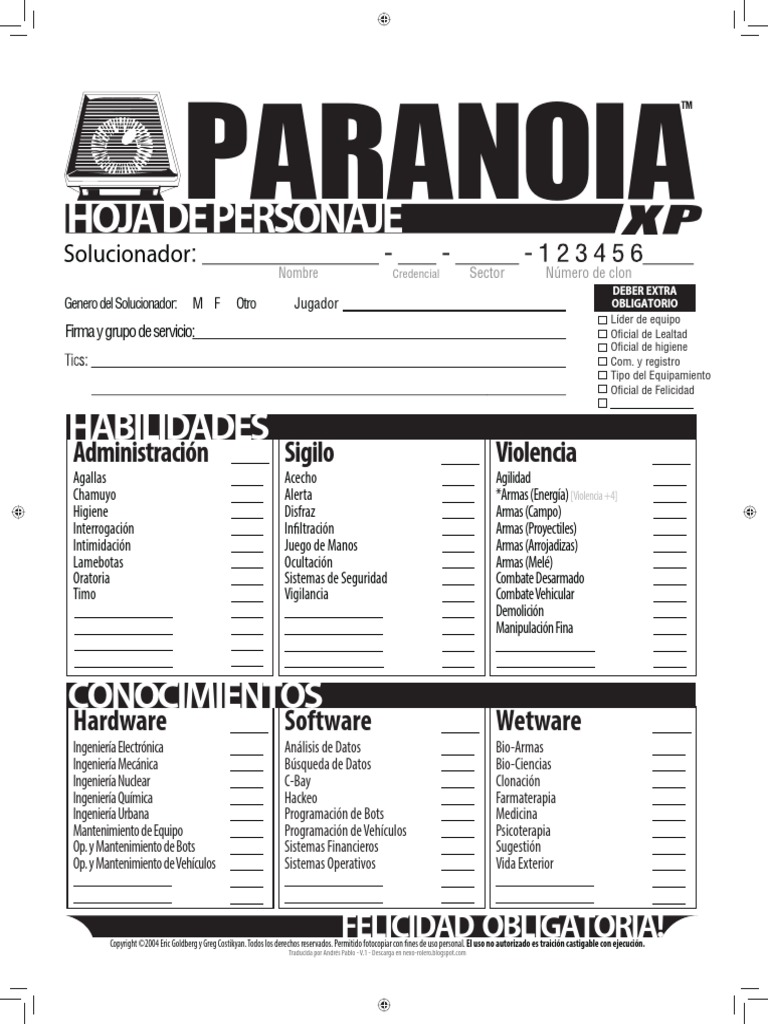 Paranoia XP - Hoja de Personaje (Español) | PDF