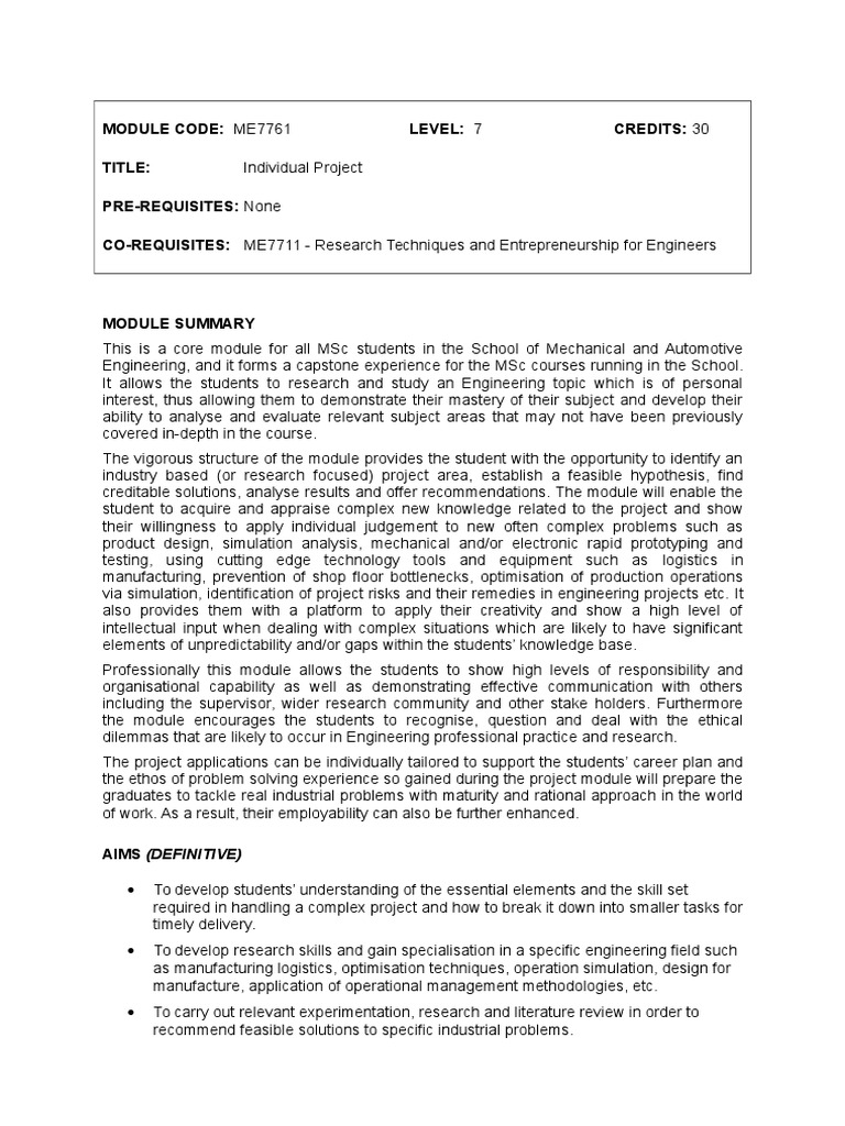 MSc Engineering Individual Project Guide | PDF | Thesis | Critical Thinking