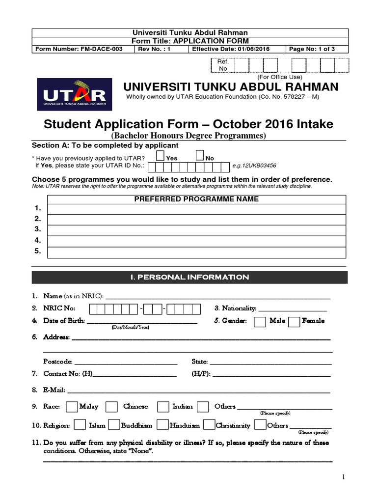 Student Application Form - October 2016 Intake: Universiti Tunku Abdul ...