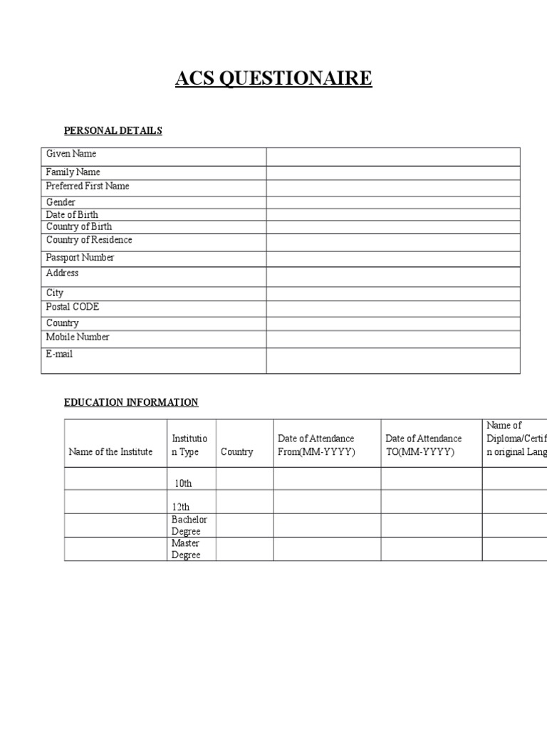 Acs Questionaire: Personal Details | PDF | Written Communication
