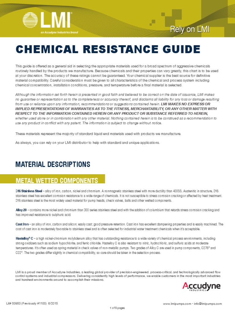 LMI Chemical Resistance Guide | PDF | Chlorine | Steel