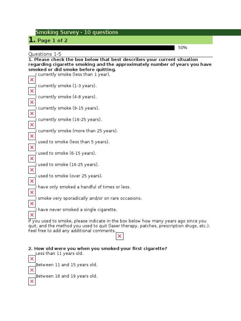 Smoking Survey - 10 Questions: Page 1 of 2 | PDF | Tobacco Smoking ...