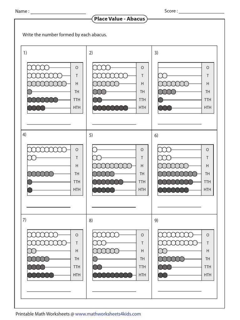 Place Value - Abacus: Name: Score | PDF