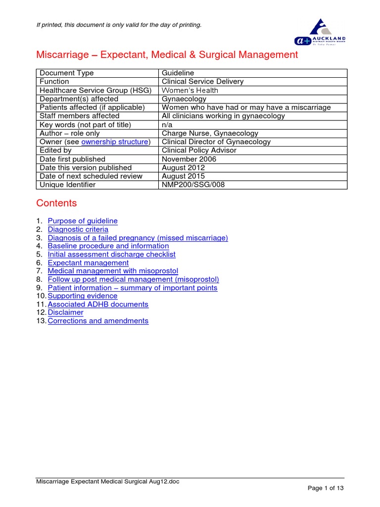 Miscarriage - Expectant, Medical & Surgical Management: If Printed ...