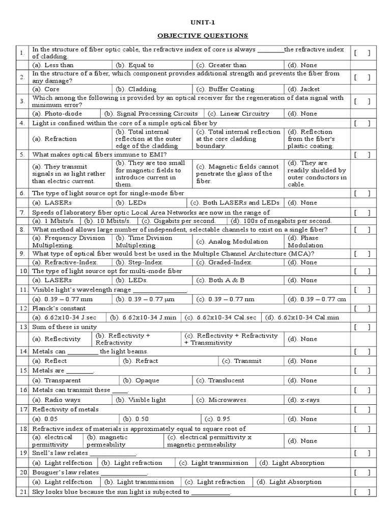 UNIT-1 Objective Questions | PDF | Dispersion (Optics) | Optical Fiber
