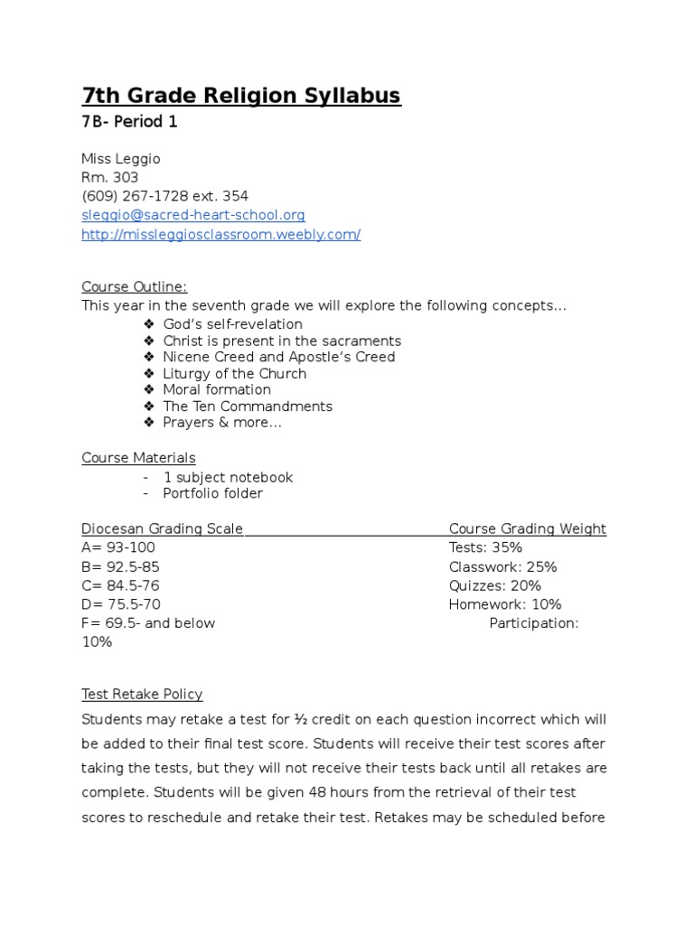 7th Grade Religion Syllabus: 7B-Period 1 | PDF