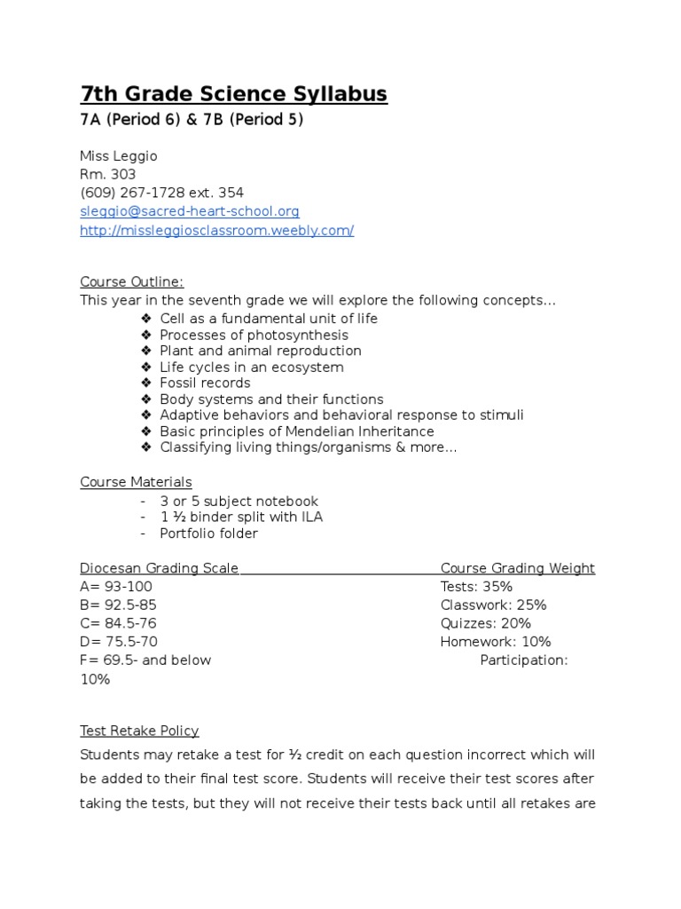 7th Grade Science Syllabus: 7A (Period 6) & 7B (Period 5) | PDF
