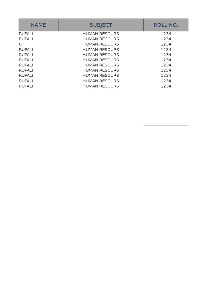 Name Subject Roll No | PDF