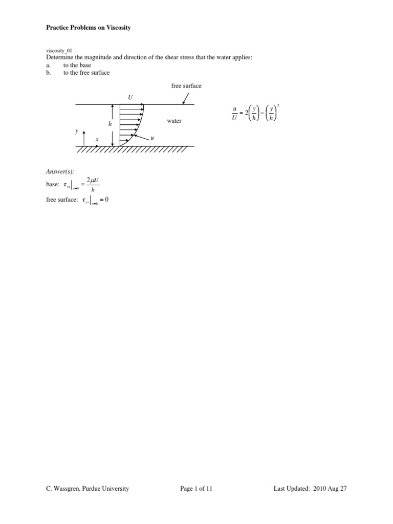 U y H y U U: Practice Problems On Viscosity | PDF | Viscosity | Shear ...