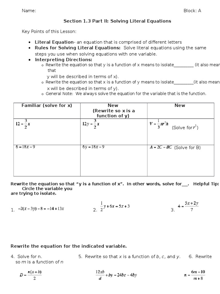 Literal Equations Notes | PDF