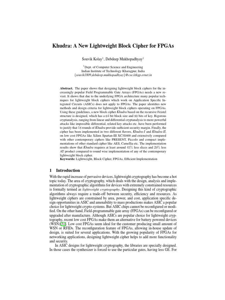 Khudra: A New Lightweight Block Cipher For Fpgas | PDF | Field Programmable Gate Array ...