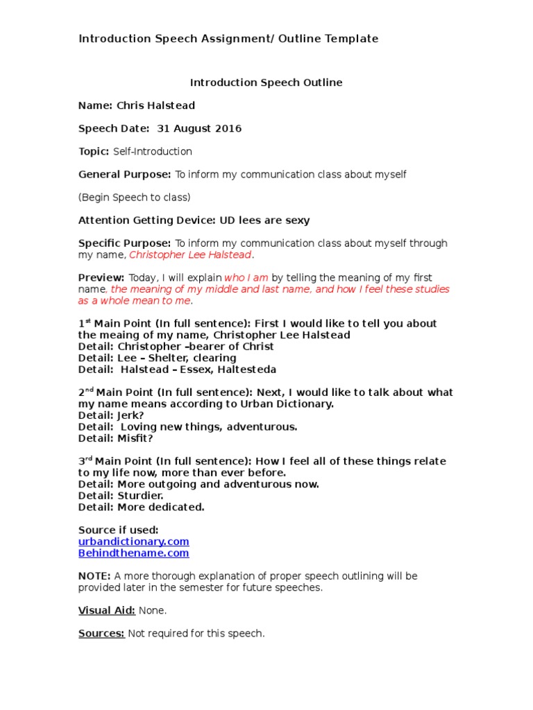 Introduction Speech Assignment/ Outline Template: (Begin Speech To ...