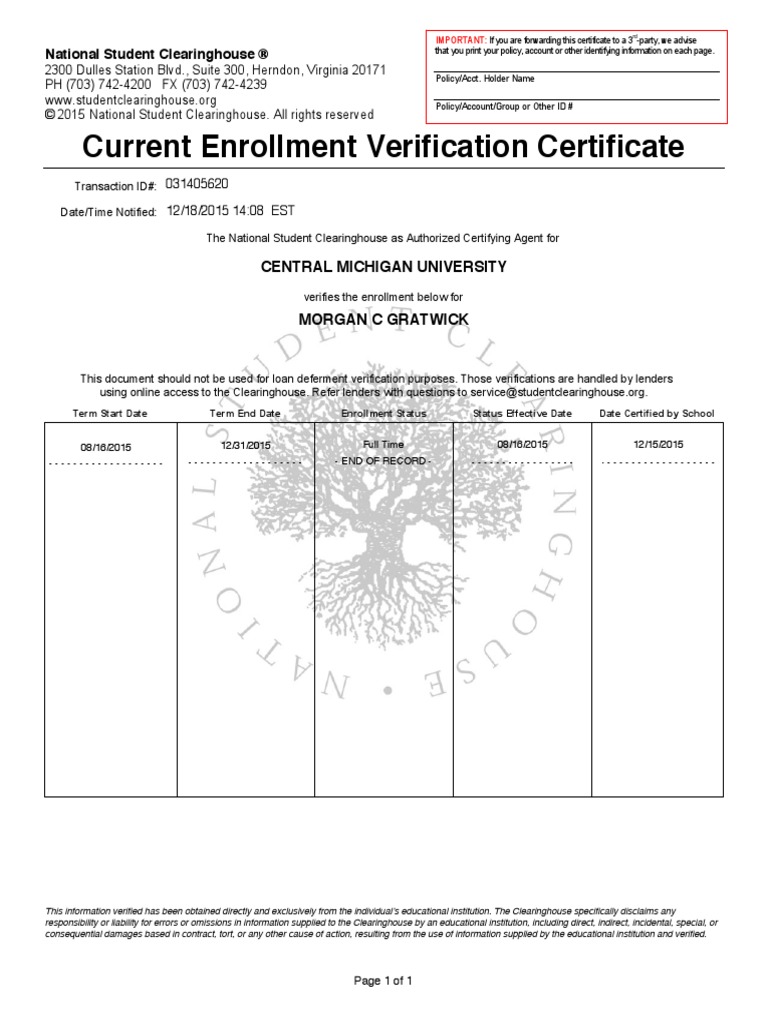 Current Enrollment Verification Certificate: Central Michigan ...