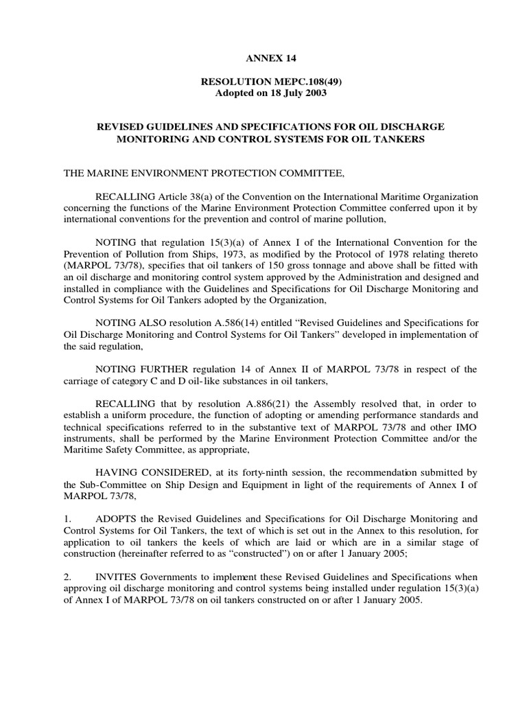Annex 14 RESOLUTION MEPC.108 (49) Adopted On 18 July 2003 | PDF | Nature