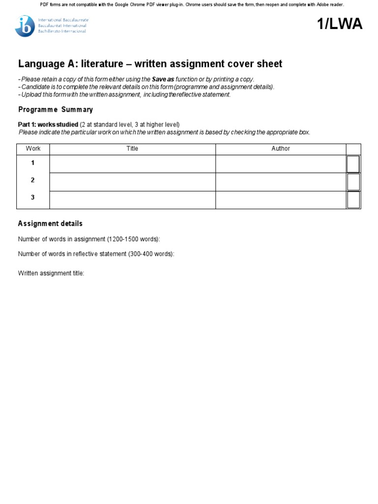 Language A: Literature - Written Assignment Cover Sheet: Rogramme Ummar ...