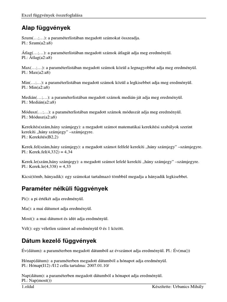 Excel Fuggvenyek | PDF