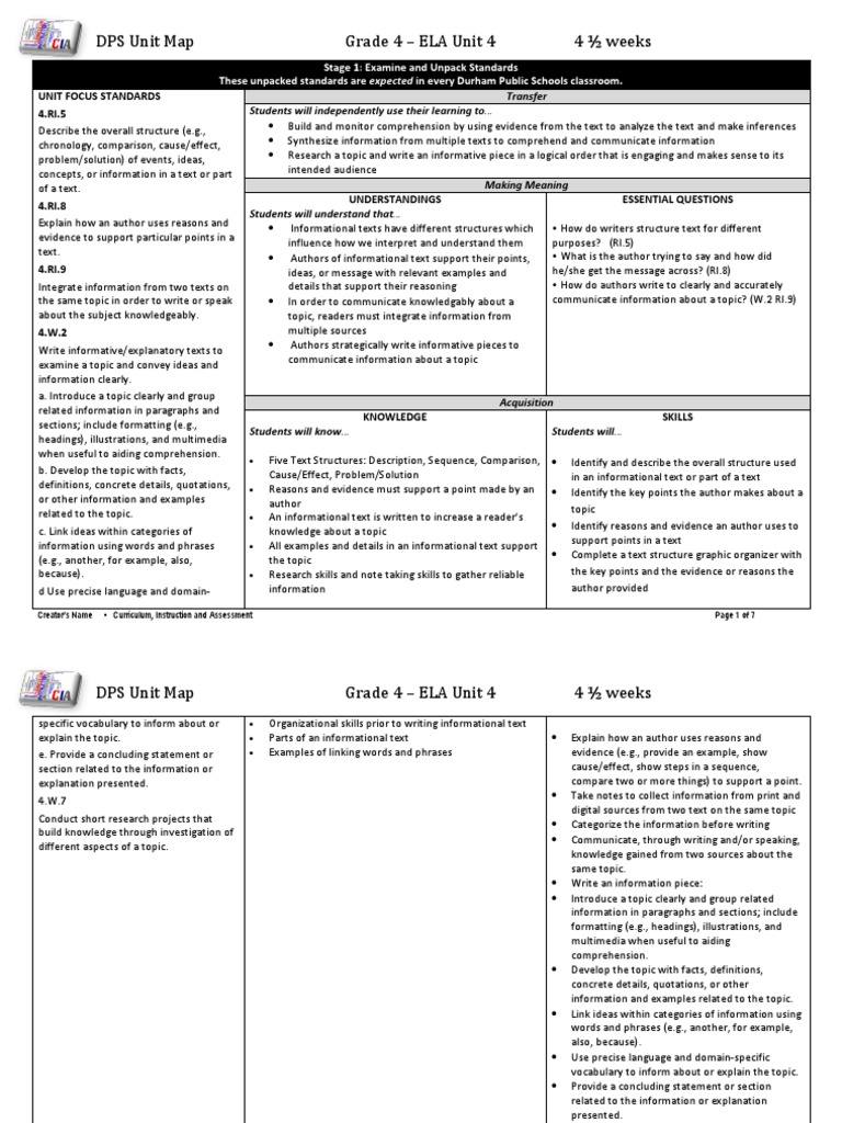 Dps Grade 4 Ela Unit Map 4 1 | PDF | Educational Assessment | Reading ...