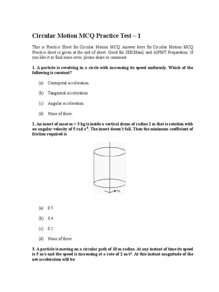 Circular Motion MCQ Practice Test | PDF | Teaching Methods & Materials ...
