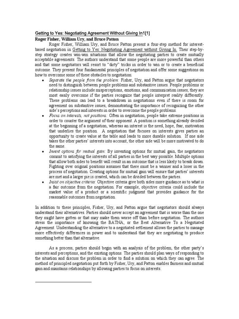 Getting To Yes Summary | PDF | Negotiation | Communication