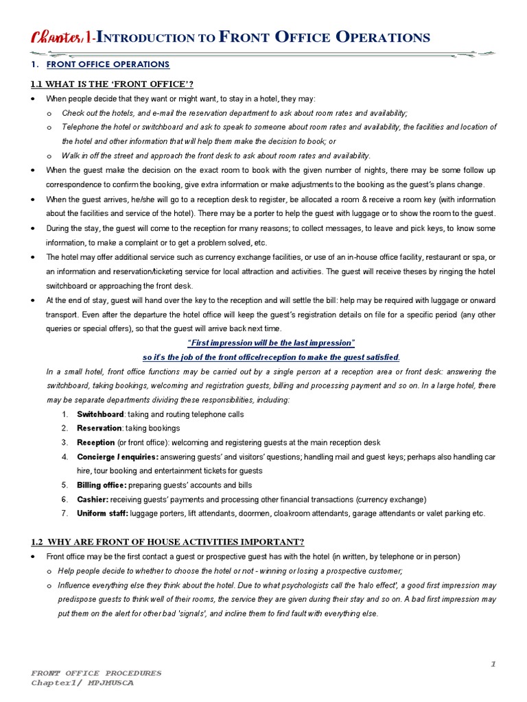 Introduction To Front Office | PDF | Hotel | Tourism