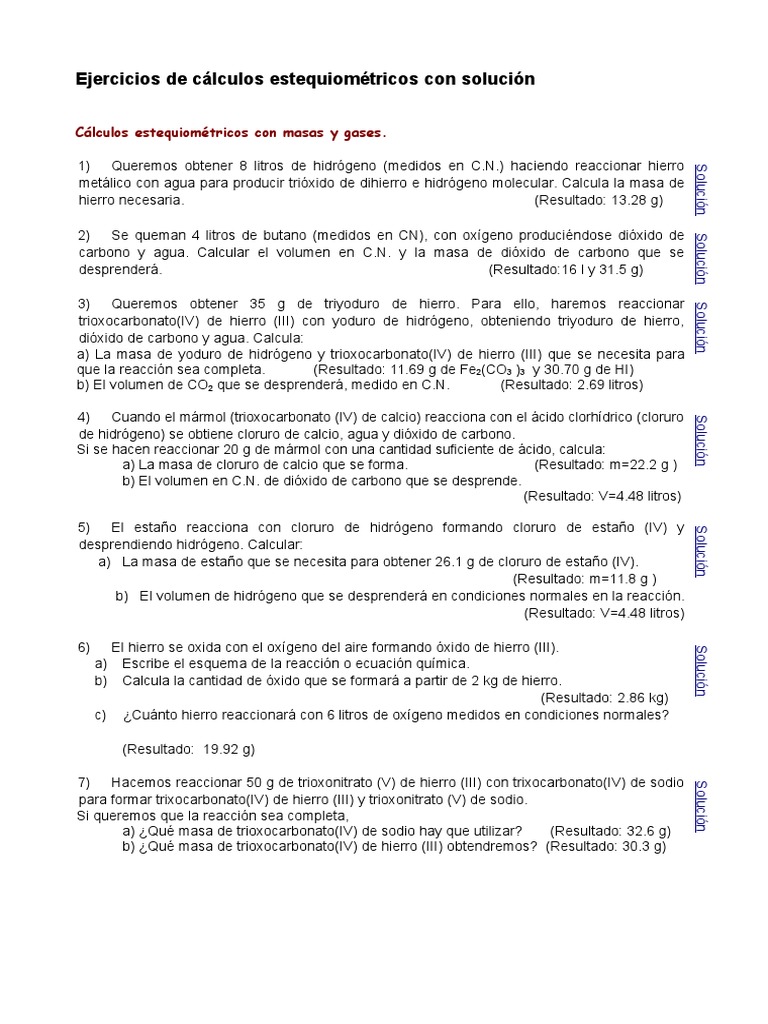 Ejercicios Estequimetria Con Solucion | PDF | Ácido clorhídrico | Hidrógeno