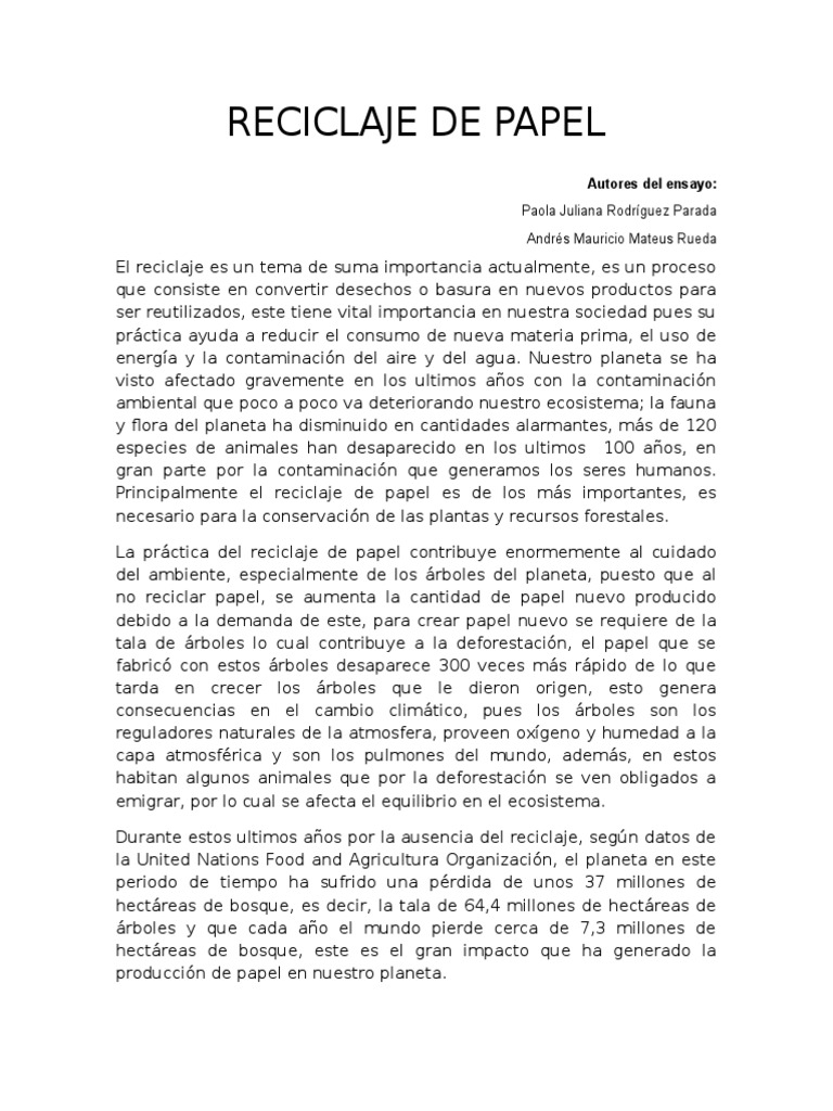 Ensayo Sobre Reciclaje de Papel | PDF | Deforestación | Residuos