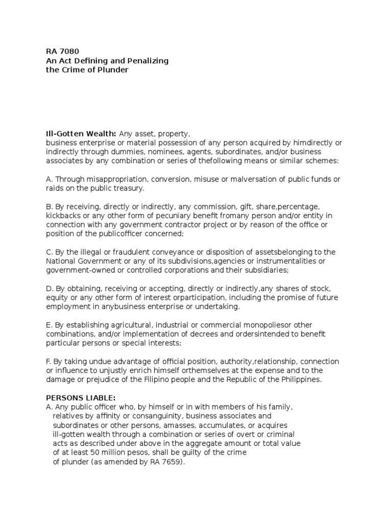 RA 7080 An Act Defining and Penalizing The Crime of Plunder | PDF ...