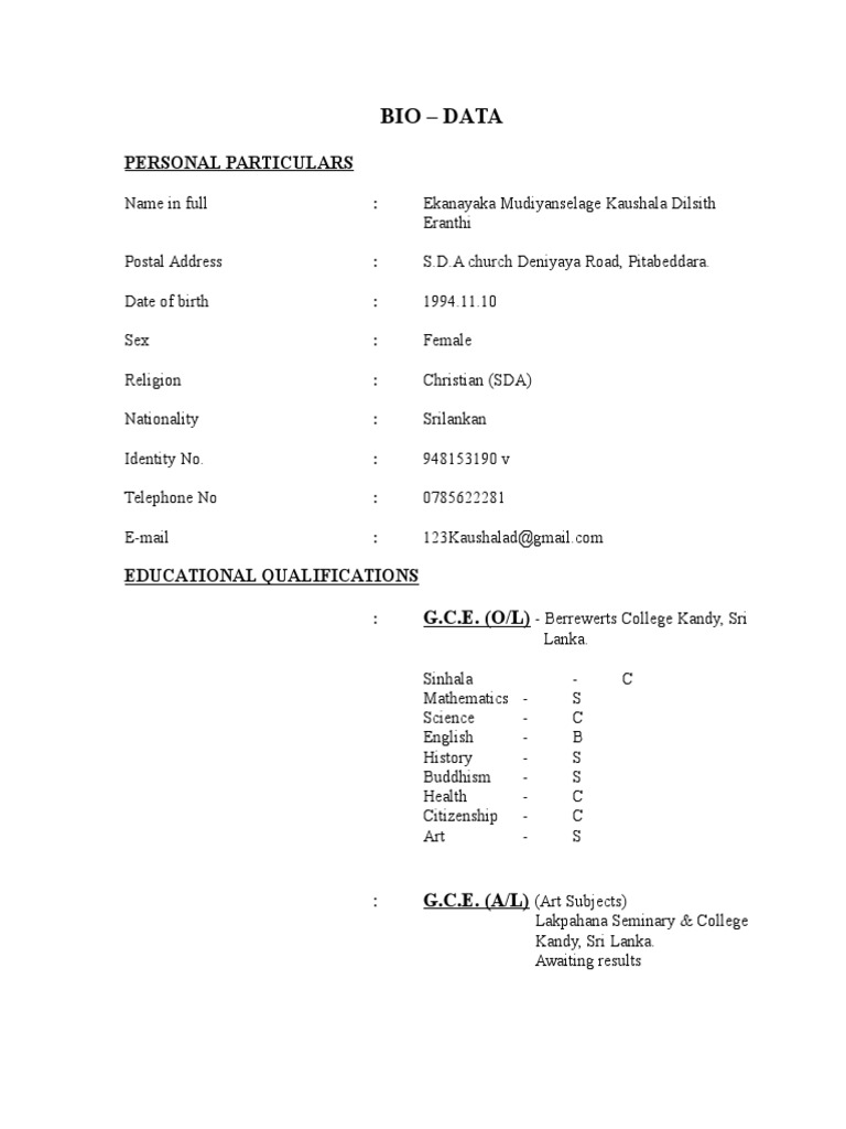 Sinhala Bio Data of Kaushala Eranthi | PDF