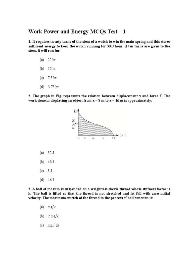 Work Power and Energy MCQs Test | PDF
