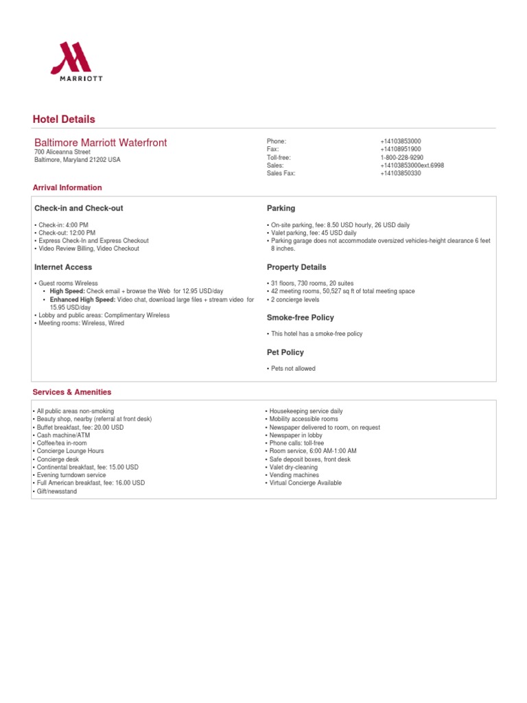 Baltimore Marriott Waterfront Overview | PDF | Baltimore | Hotel And ...