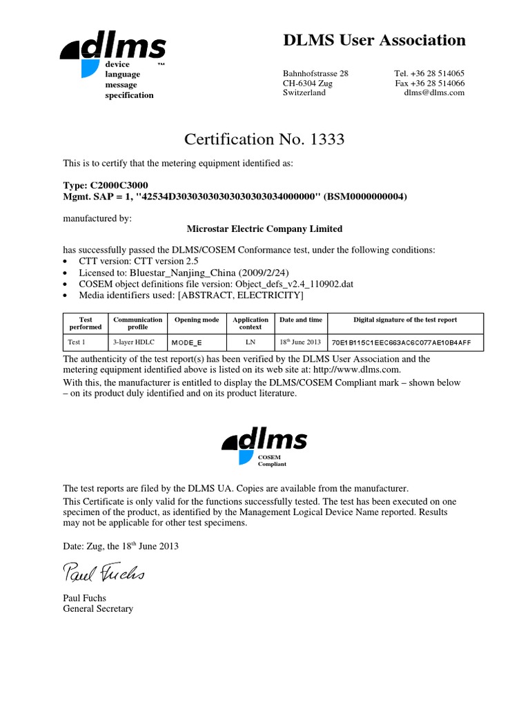 Certification No. 1333: DLMS User Association | PDF