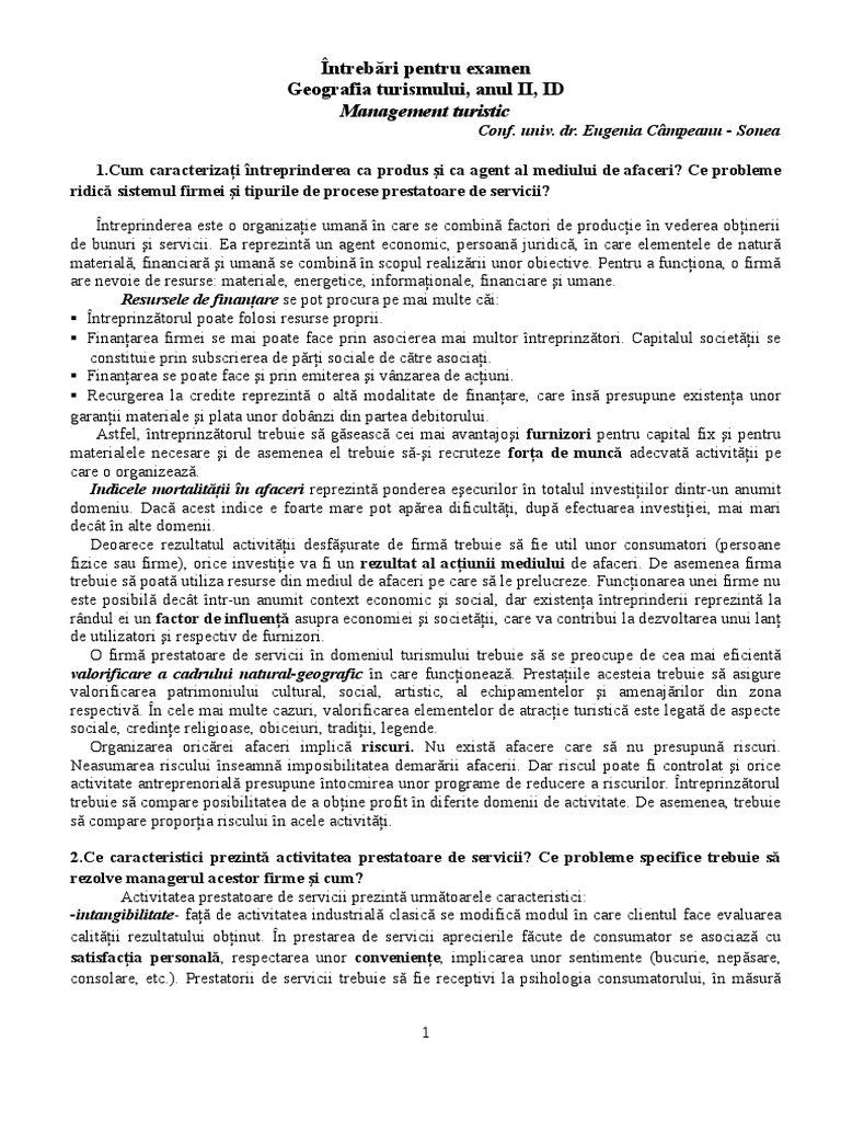 Intrebari Rezolvate Management Turistic | PDF
