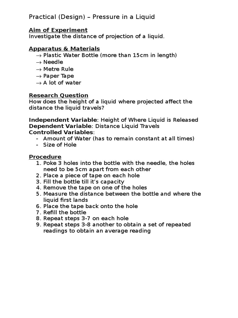 Practical (Design) - Pressure in A Liquid: Aim of Experiment | PDF