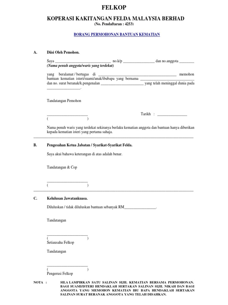 Permohonan Bantuan Kematian Felkop | PDF