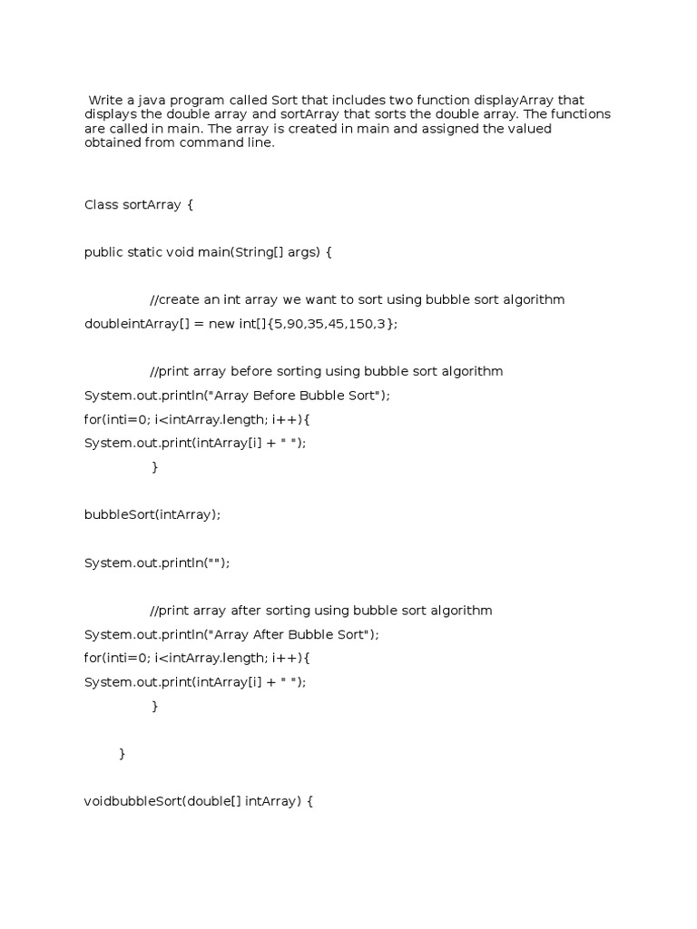 Write A Java Program Called Sort That Includes Two Function ...