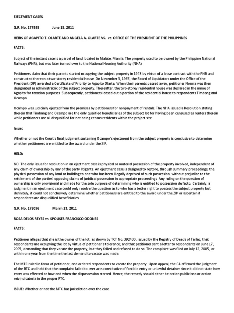 Ejectment Case Digests | PDF | Eviction | Complaint