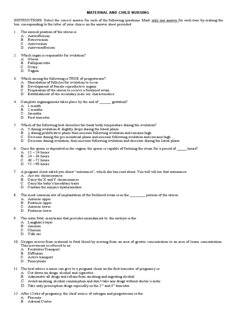 Obstetric and Gynecological Nursing Practice Test | PDF | Childbirth ...