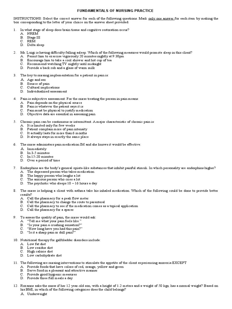 Nursing Fundamentals Practice Questions | PDF | Self-Improvement | Wellness