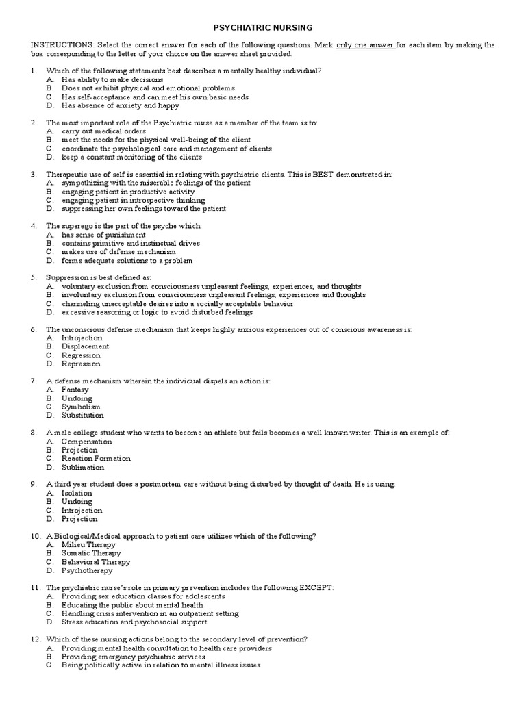 Psychiatric and Mental Health Nursing Practice Test | PDF | Domestic ...