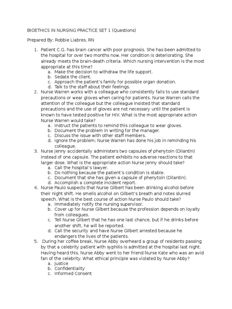Bioethics in Nursing Practice Set 1 (Questions) | PDF | Patient | Nursing