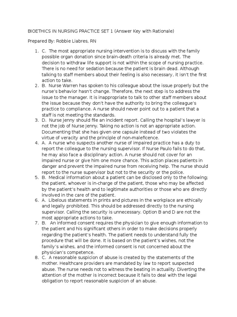 Bioethics in Nursing: Practice Questions | PDF | Nursing | Patient