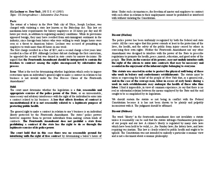 31) Lochner vs. New York, 198 U.S. 45 (1905) | PDF | Fourteenth ...