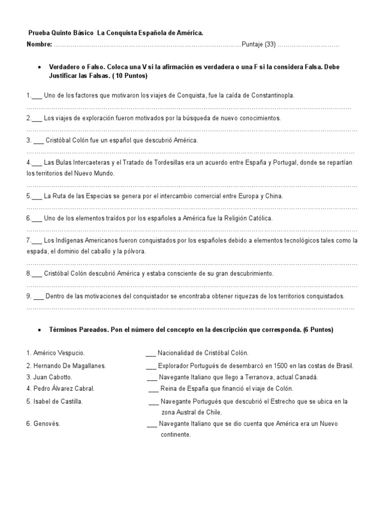 Prueba Quinto Básico La Conquista Española de América | PDF ...